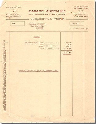 Invoice GARAGE ANSEAUME General Motors In Evreux 1958 | eBay Australia