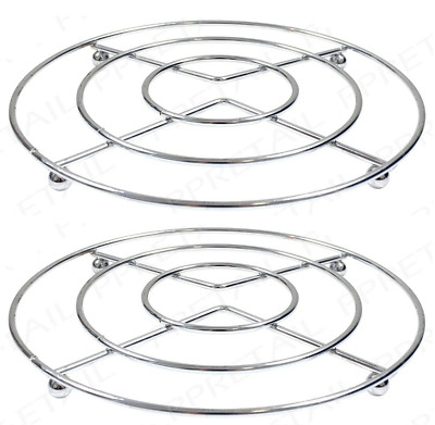 2 x CHROME HOT PAN POT STANDS STAINLESS STEEL ROUND TRIVET HOLDER ...
