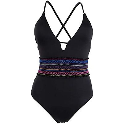 MSRP $88 Bar III Smocked Plunging One-Piece Swimsuit Black Size Large ...