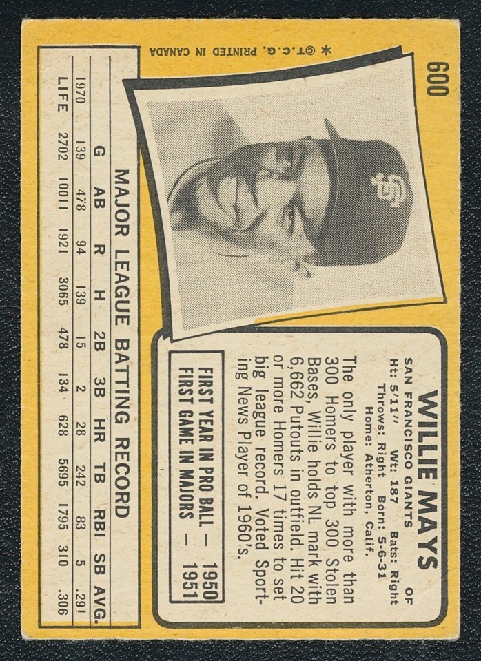 1971 O-Pee-Chee #600 Willie Mays Centered Small Back Crease Best One On ...