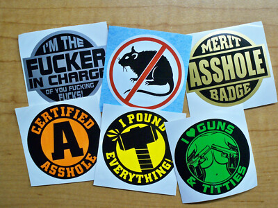 6-pack Funny Hard Hat Stickers | F**ker In Charge No Rats A-Hole Pound ...