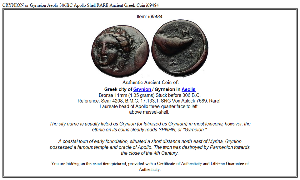 GRYNION or Gyrneion Aeolis 306BC Apollo Shell RARE Ancient Greek Coin ...