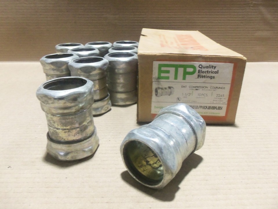 NEW BOX OF 10 ETP 2245 1-1/2" EMT STEEL BODY COMPRESSION COUPLINGS RAIN ...