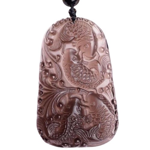 Natural Ice obsidian fish koi Amulet crystal necklace with bead chain ...