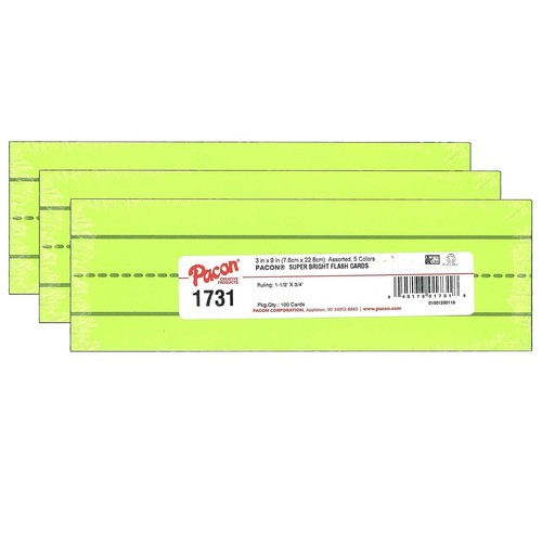 Pacon Super Bright Flash Cards Assorted Colors 3" x 9" 100 Cards/Pack 3 ...