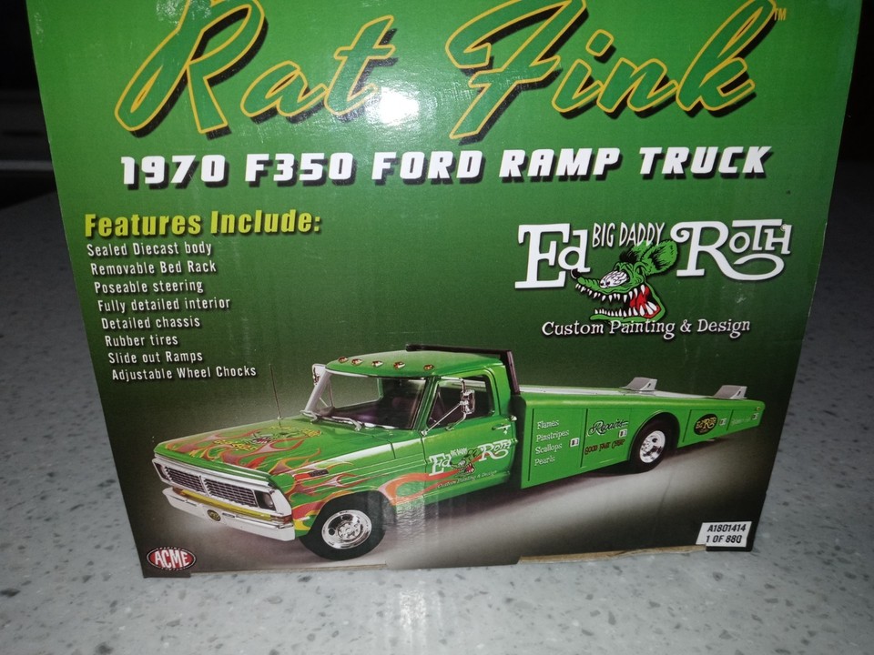 1/18 Acme RAT FINK / ED ROTH FORD F-350 DIECAST RAMP TRUCK CAR HAULER ...