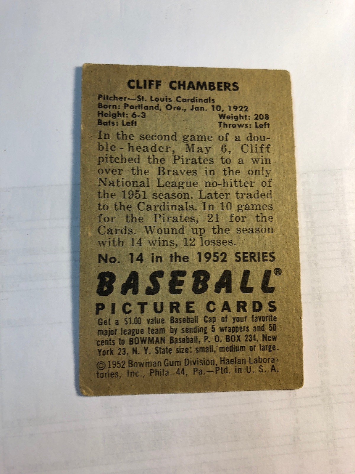 1952 BOWMAN # 14 CARDINALS CLIFF CHAMBERS | eBay