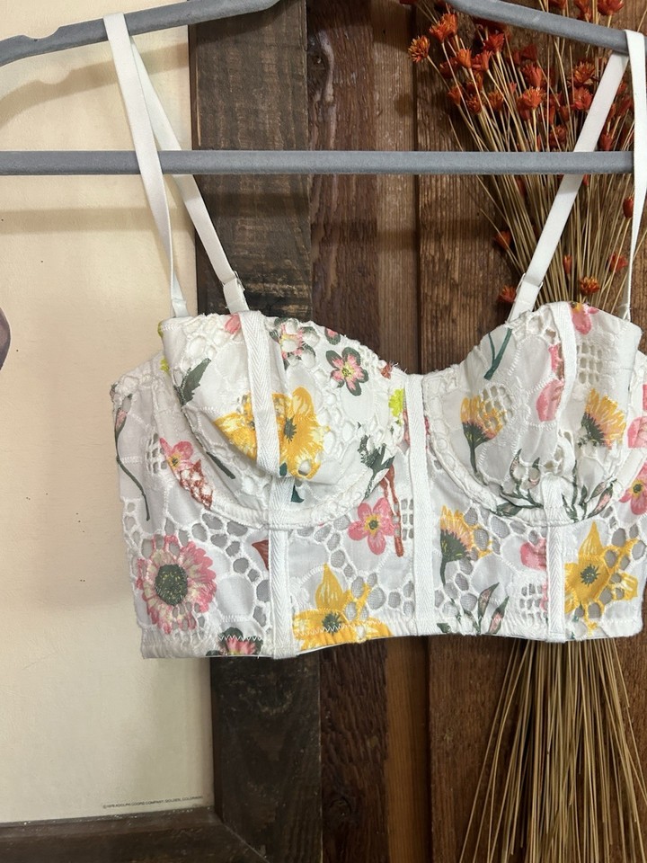 Aerie Floral Fairy Cottage core Lace Corset Top White Adjustable Straps ...