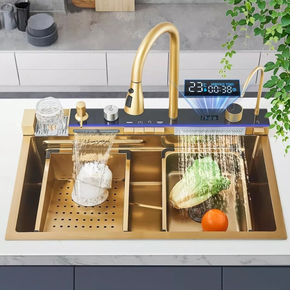 Gold Kitchen Sink Deluxe Flying Rain Waterfall Single Bowl Pull Out ...