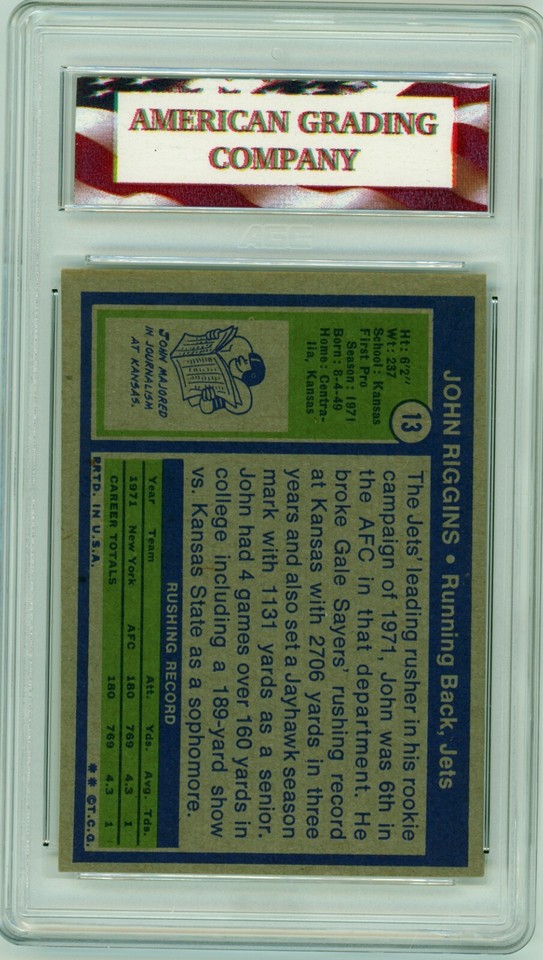 1972 Topps #13 John Riggins Rookie Card AGC 8 NM/Mint New York Jets | eBay
