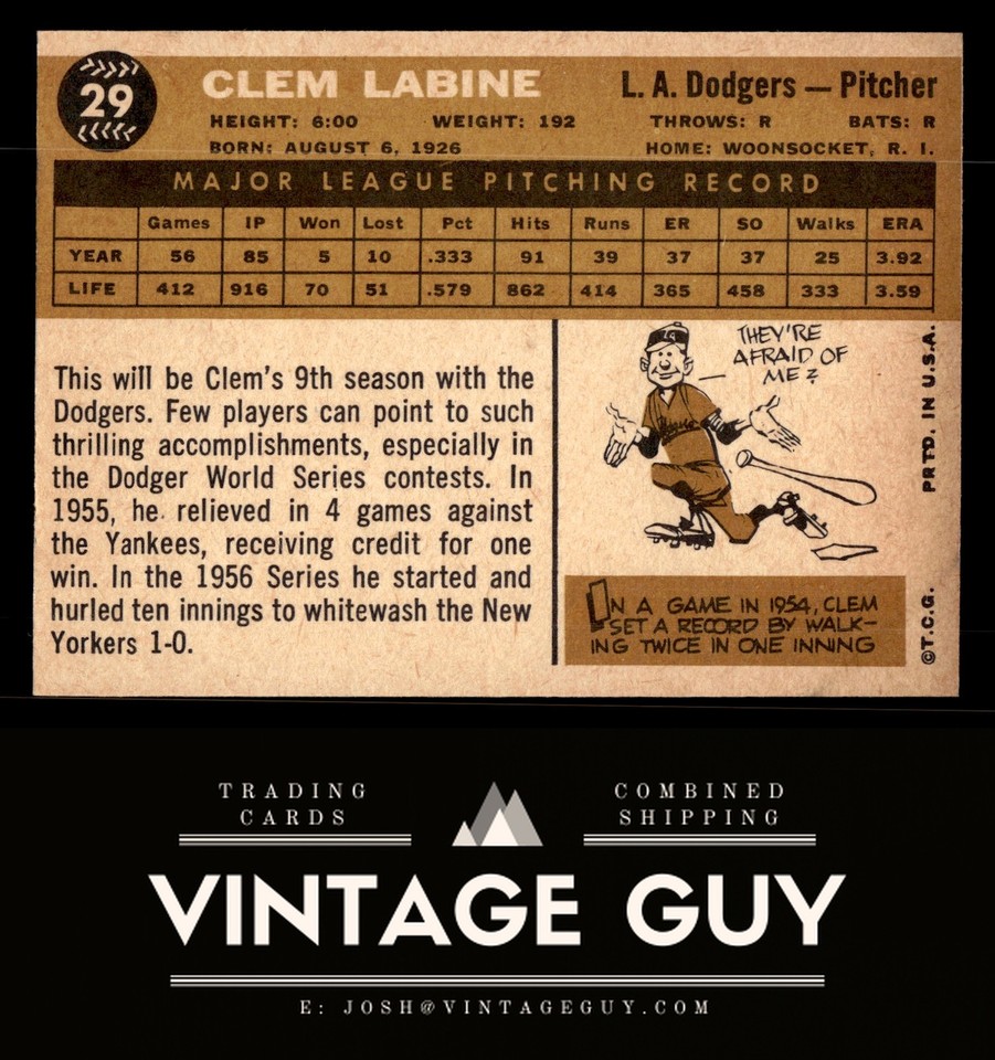 1960 Topps #29 Clem Labine Vintage Los Angeles Dodgers Baseball Card | eBay