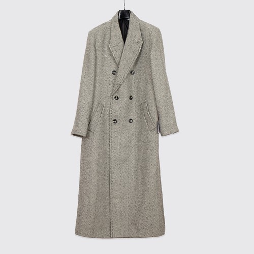 TOPMAN Overcoat Size L Gray Black Herringbone Check Long Double ...