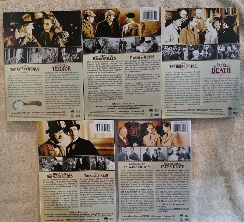 Sherlock Holmes Double Features, Basil Rathbone. 5 DVDs/ 10 Films, Mint ...