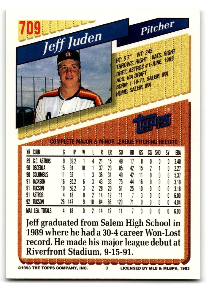 1993 Topps Gold Jeff Juden Houston Astros #709 | eBay