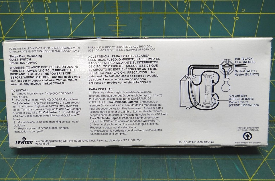 10 Pack Leviton 1451-2W Single-Pole Toggle Switch 15A 120VAC White ...