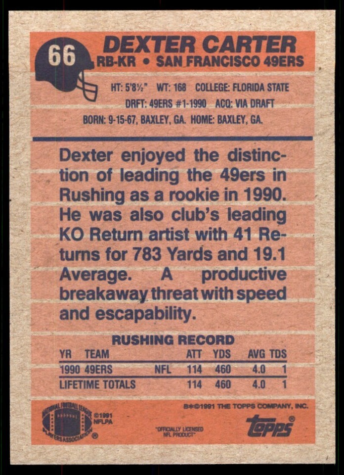 1991 Topps Dexter Carter San Francisco 49ers #66 | eBay
