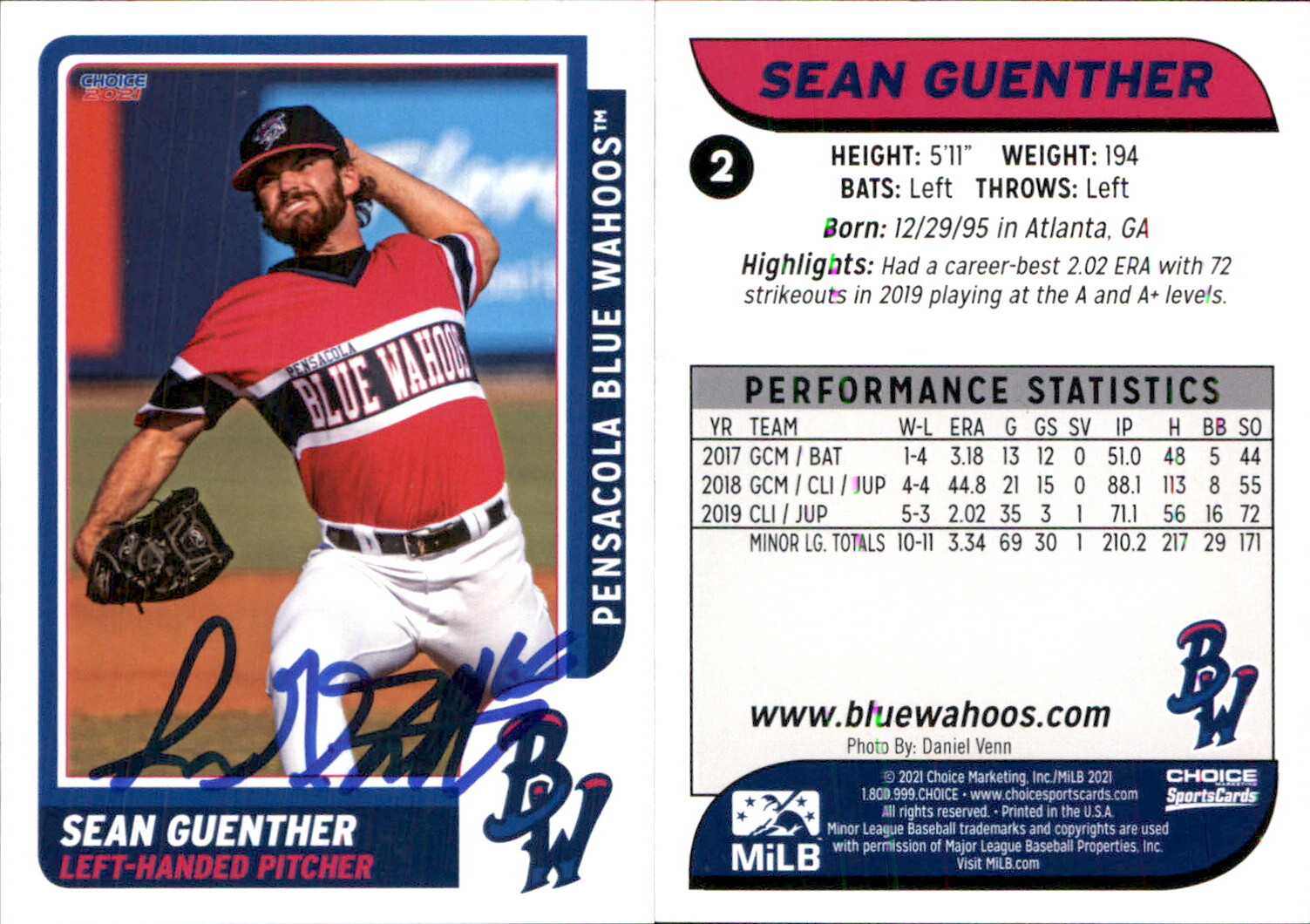 Sean Guenther Signed 2021 Choice Pensacola Blue Wahoos RC *Autograph ...