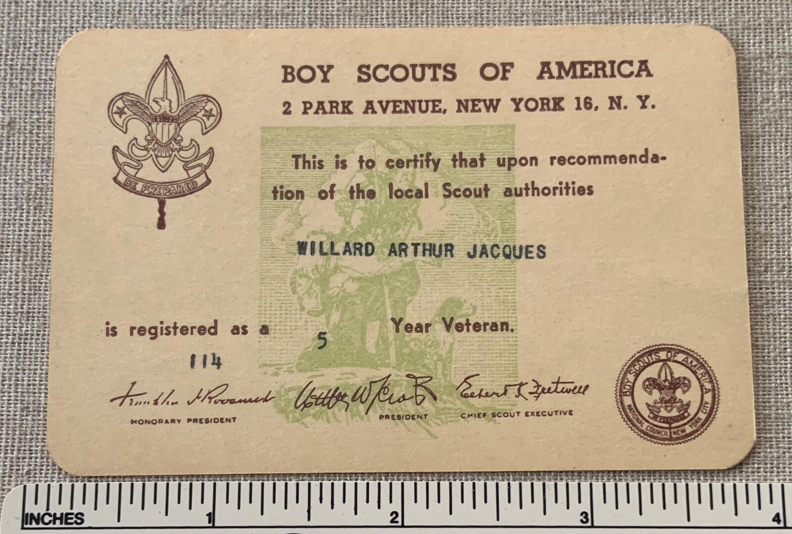 Vintage 1940s BOY SCOUTS OF AMERICA 5 Year Veteran Certificate CARD ...