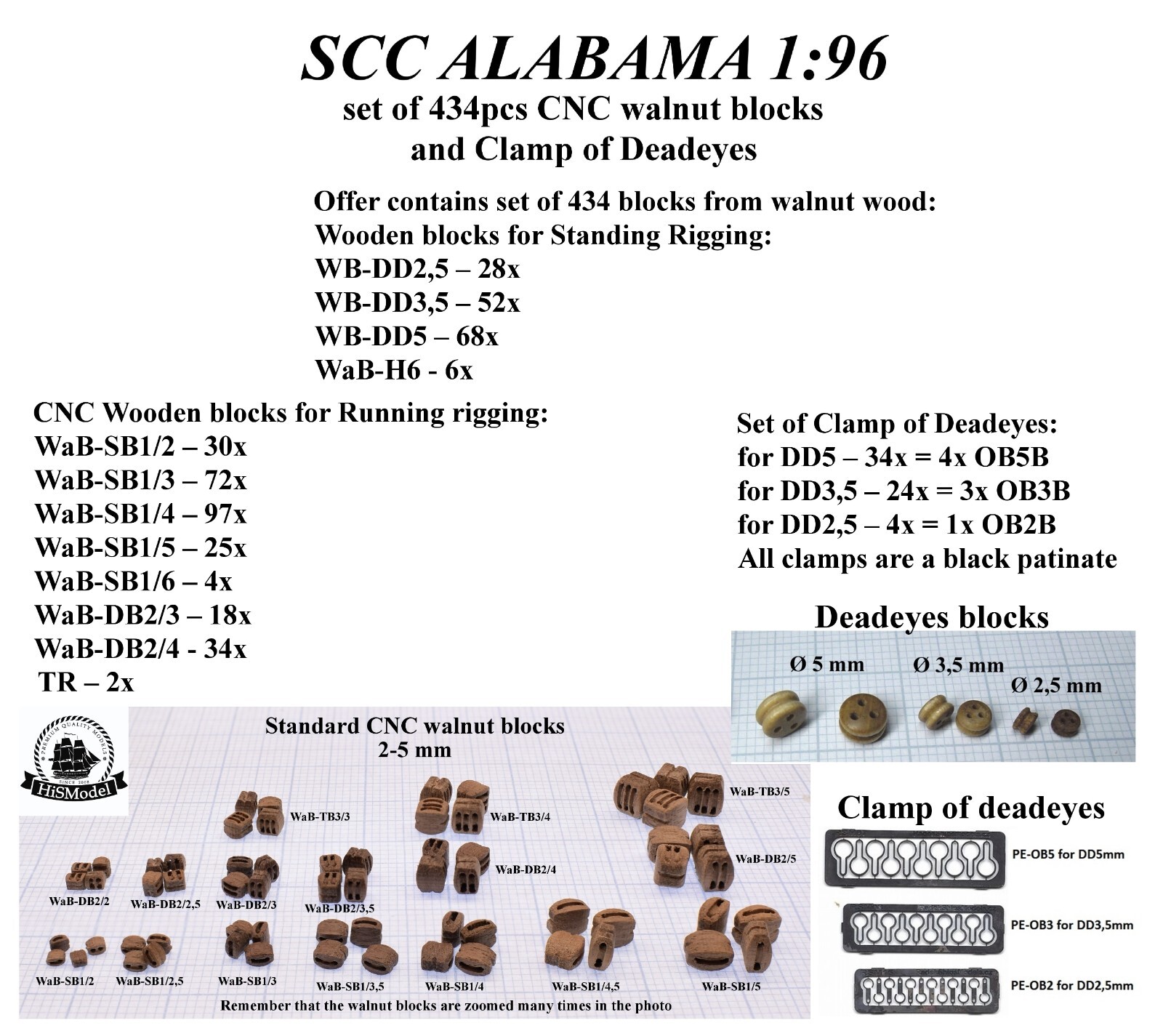 Revell CSS Alabama 1:96 - set of 434pcs CNC walnut blocks and Clamp of ...