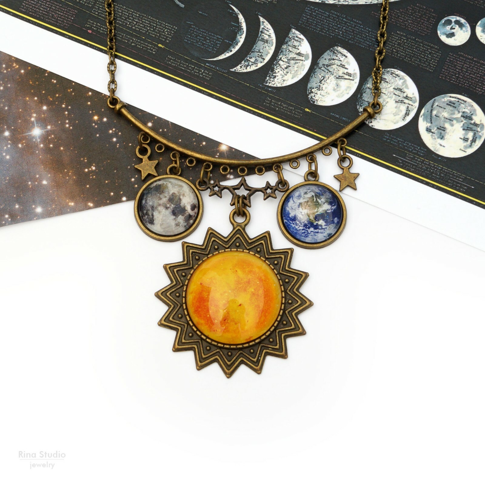 Sun Moon Earth Necklace Solar System Jewelry Science Space Galaxy Gift ...
