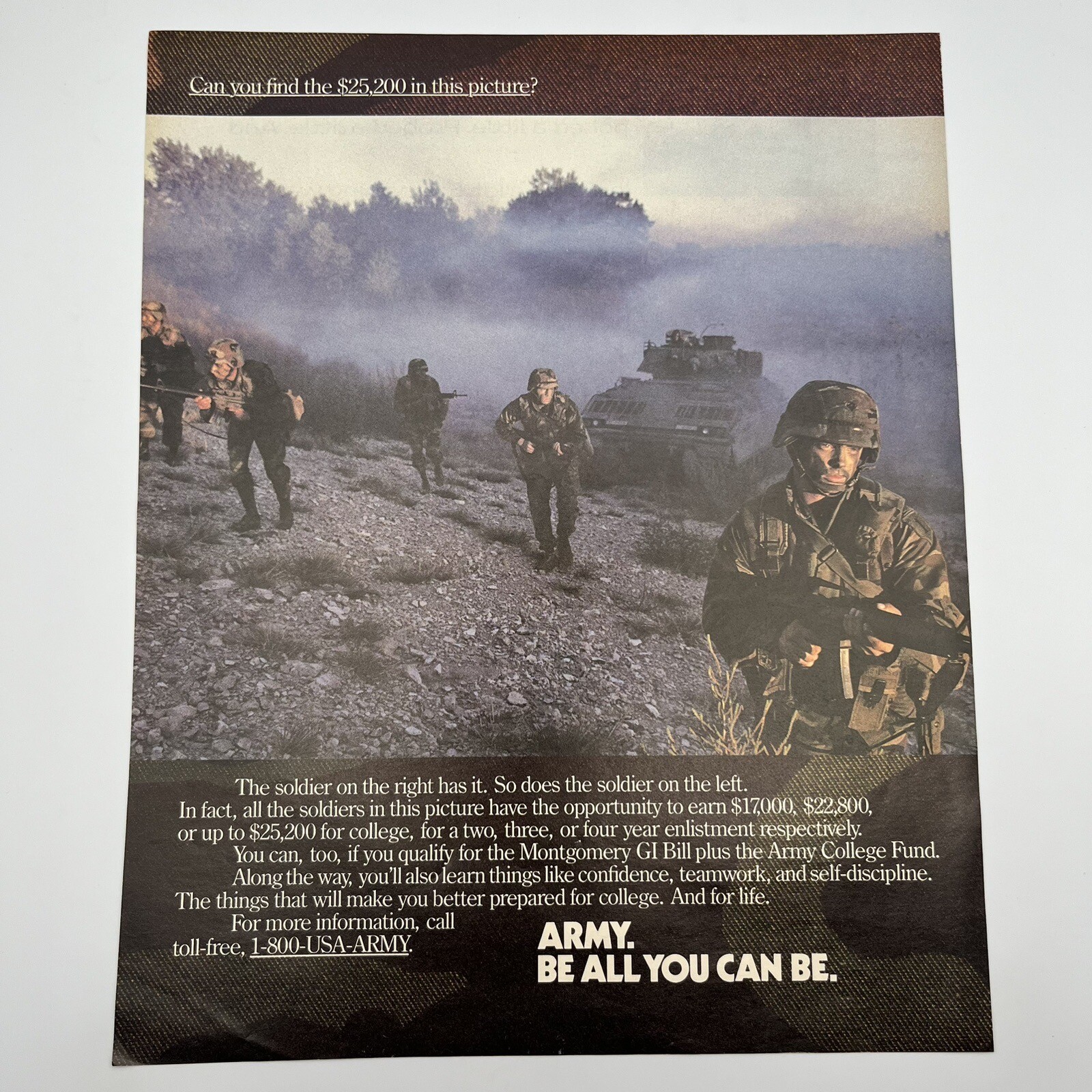 US Army 1991 Vintage Print Ad 10"x12" tanks camo recruiting be all you ...