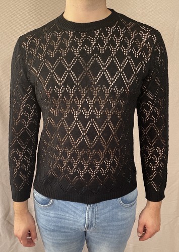 Sinransinya Men's Size L Black Diamond Crochet Knit Pullover Crewneck ...