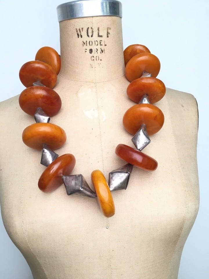 Vintage Moroccan Berber Resin Amber Yellow Copal Beaded Sterling Silver ...