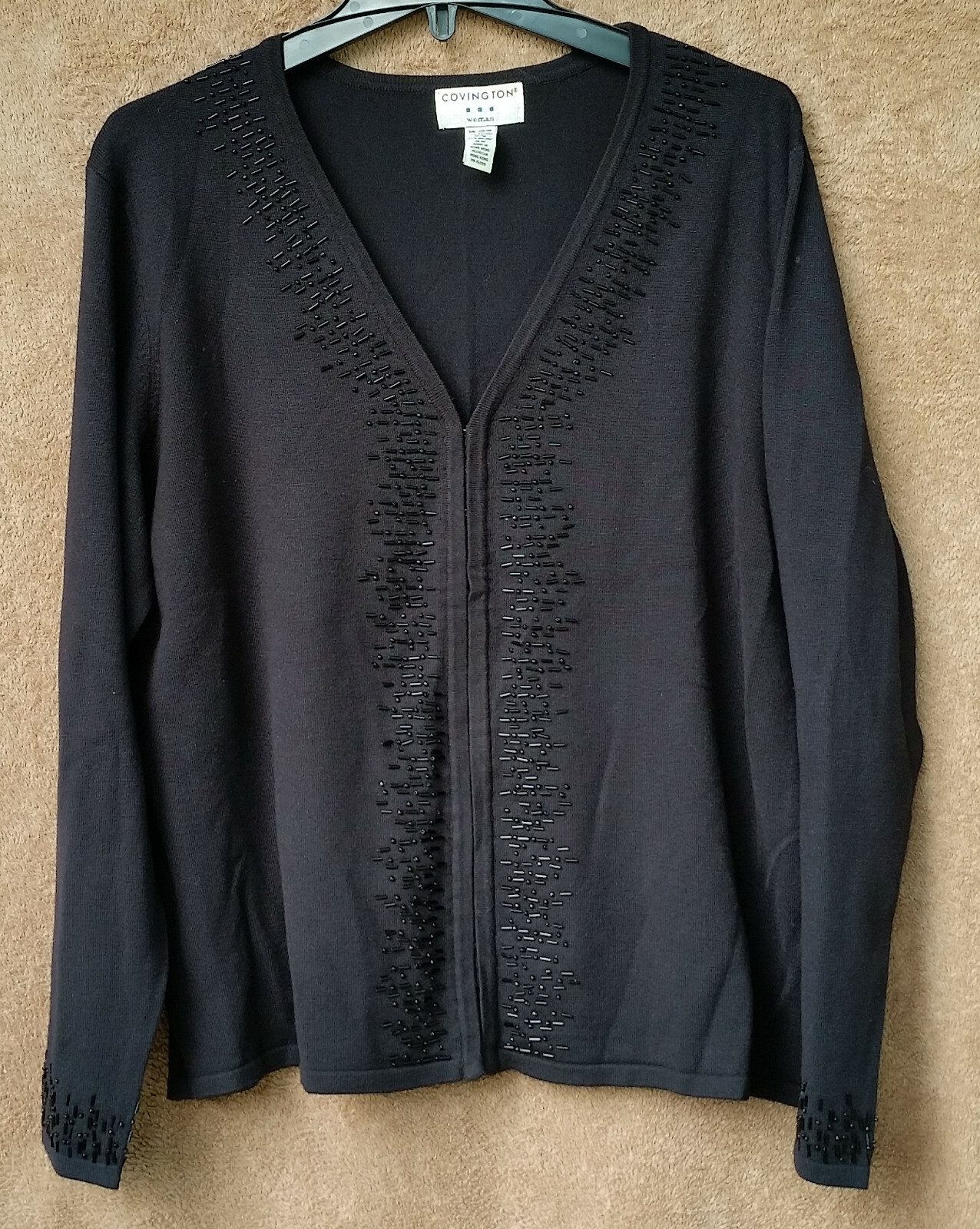 Covington Woman Black Bead Embellished Cardigan Sweater - Long Sleeves ...