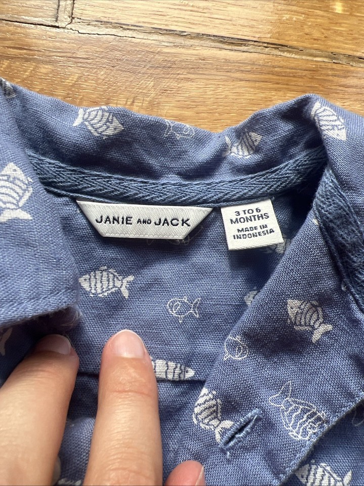 Janie and Jack Infant Baby Boy Blue Linen Fish Ocean Romper 3-6 Months ...