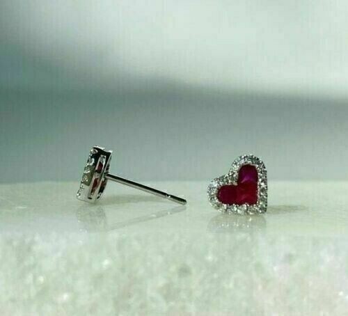 2Ct Princess Cut Lab-Created Pink Ruby Heart Stud Earrings 14K White ...