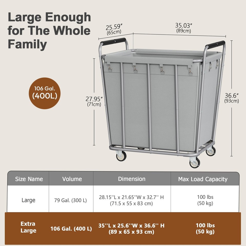 Large Laundry Cart with Wheels, 400L Heavy Duty Laundry Basket ...