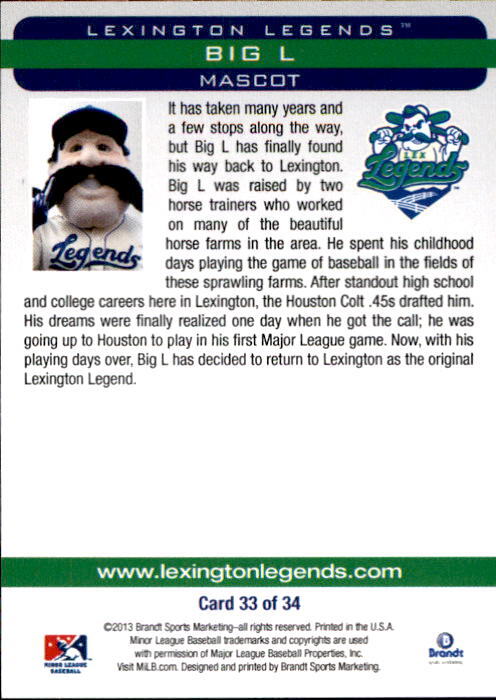 2013 Lexington Legends Brandt #33 Mascot Big L - NM Baseball Card | eBay