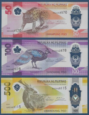 New Polymer 50, 100, 500 Prefix "AA" Fauna Ser. 2024-25 Philippine ...