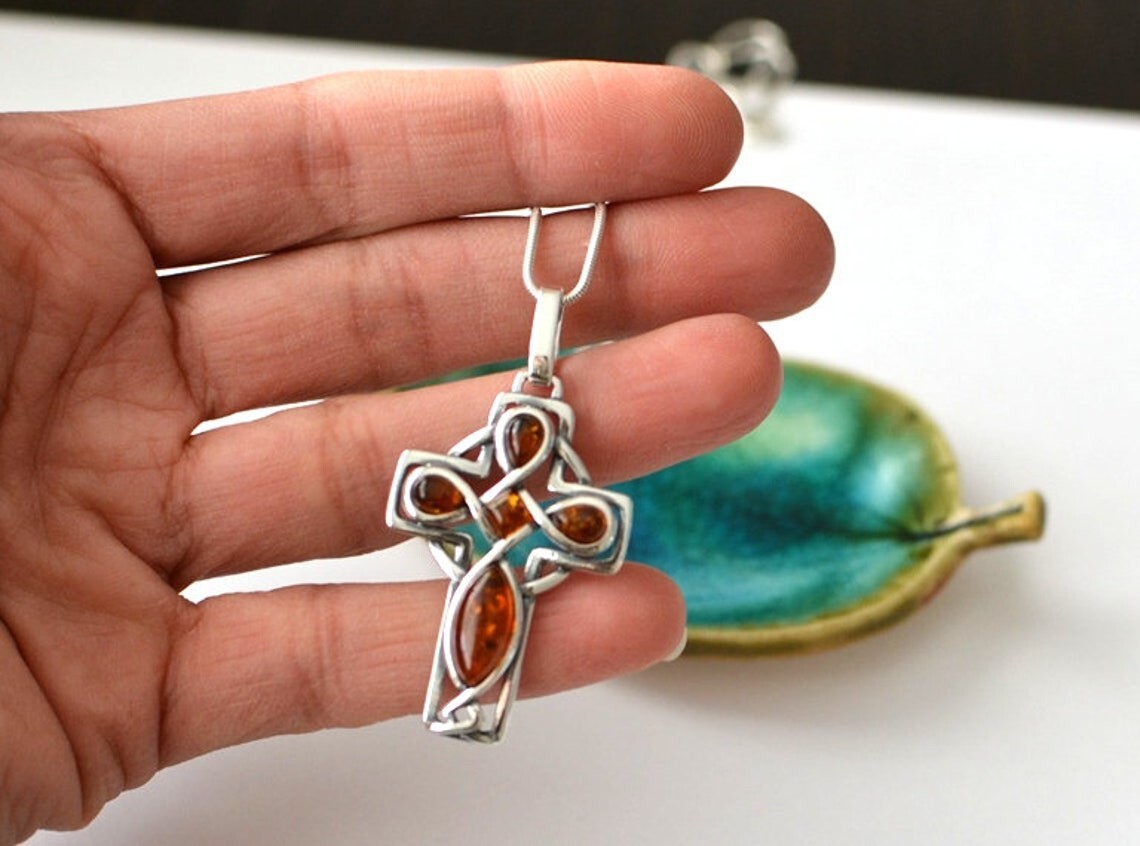 Silver Catholic cross crucifix necklace, Cross amber Necklace, jewelry ...
