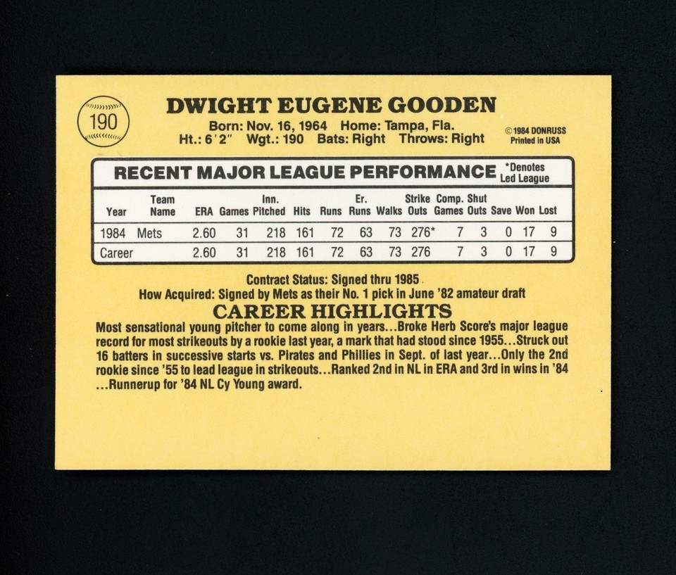 Dwight Gooden 1985 Donruss - NY Mets #190 NM-MT | eBay