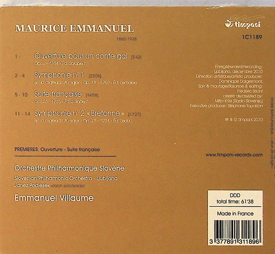 Maurice Emmanuel -Orchestral Works CD *SEALED -Villaume (Orchestre ...