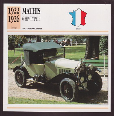 1922-1926 Mathis 6 HP Type P Car Photo Spec Sheet French Card 1923 1924 ...
