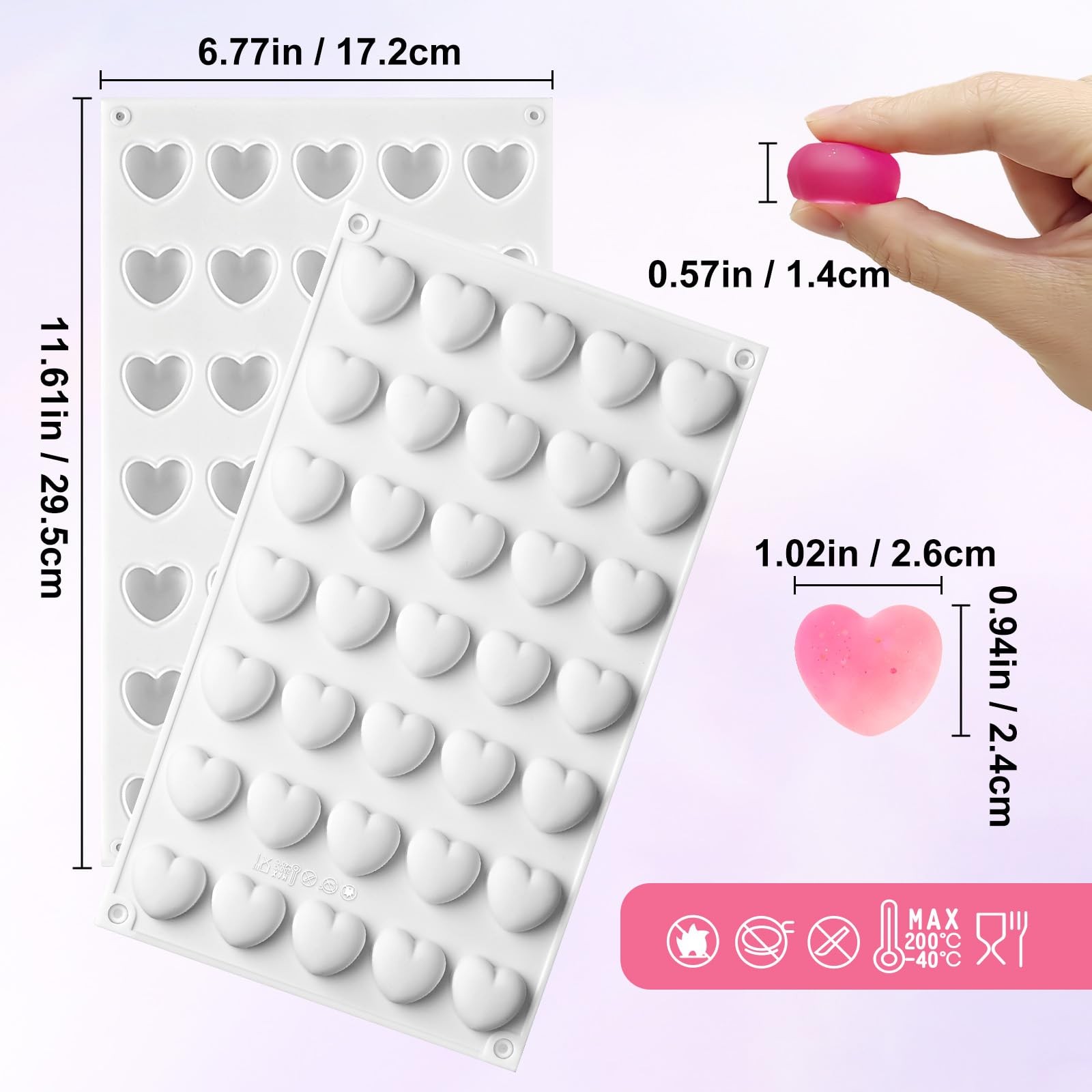 35-Cavities Heart Shape 3D Silicone Mini Heart Molds for Baking White ...