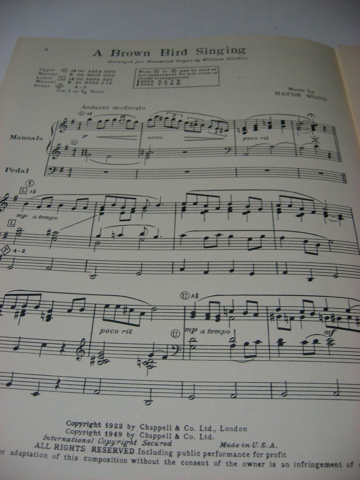 A Brown Bird Singing for Hammond Organ Haydn Wood Sheet Music William ...