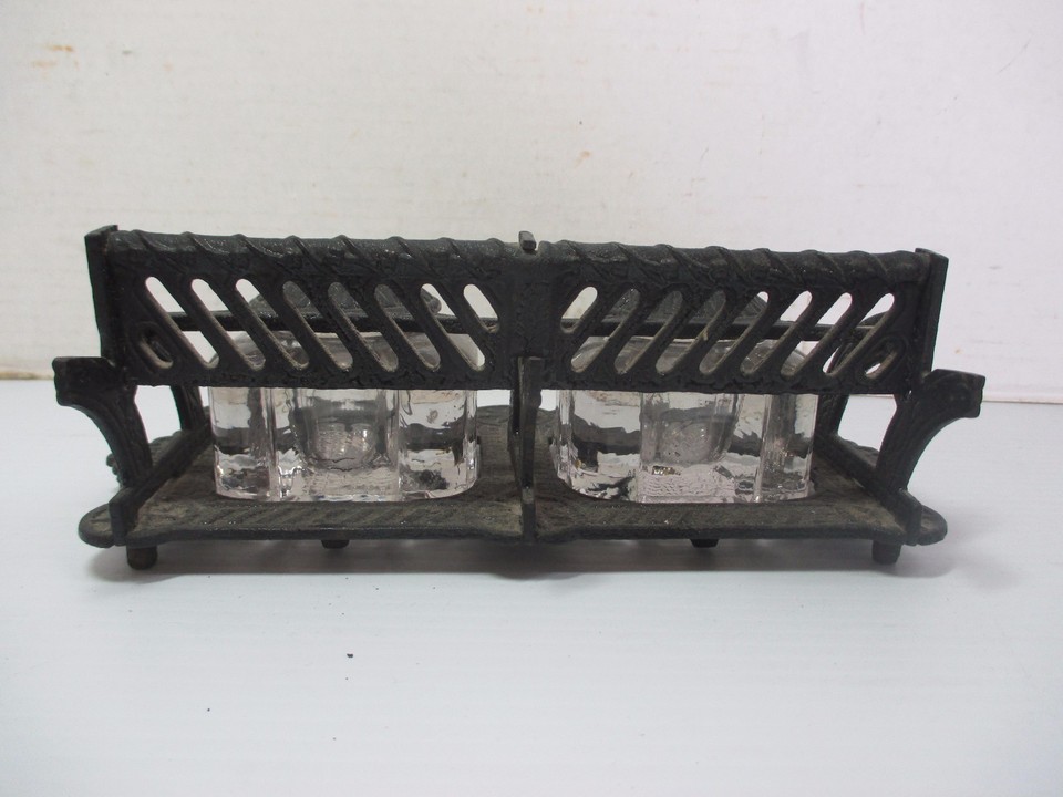 Vtg. Large Cast Iron Inkwell Set with 2 Glass Ink Wells on Cast Iron ...