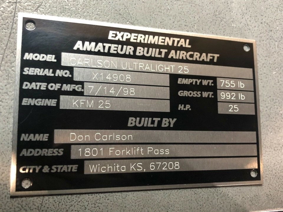 Amateur Built Experimental Aircraft Placard & Data Plate Engraved ...