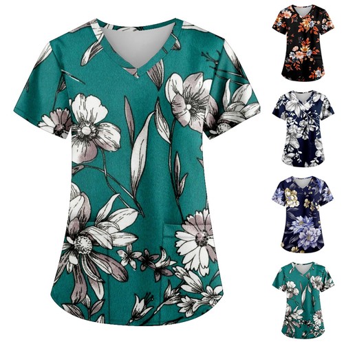 Women's Fashion Printed Working Uniform With Pocket T-Shirt Short ...