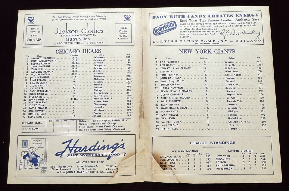 rare 1933 NFL CHAMPIONSHIP FOOTBALL PROGRAM - NEW YORK GIANTS @ CHICAGO ...