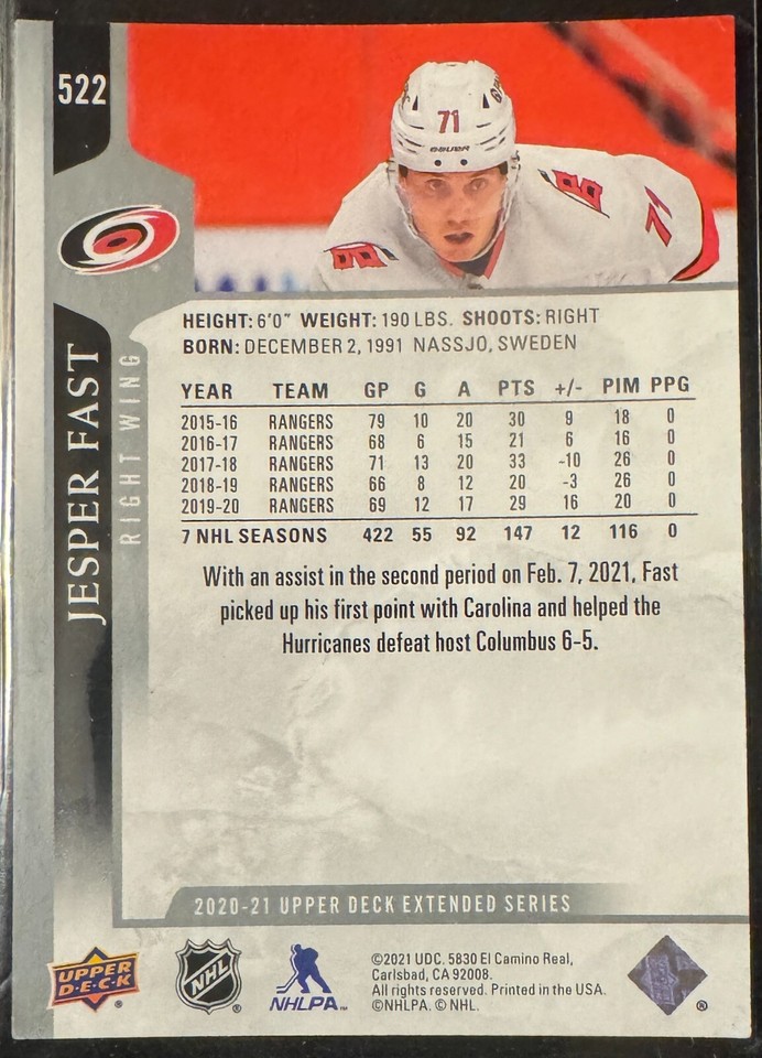 2020-21 Upper Deck Extended Series - #522 Jesper Fast Carolina ...