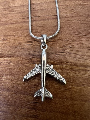Airplane Pendant Rhinestone Charm Necklace Silver Snake Chain 16 Inches ...