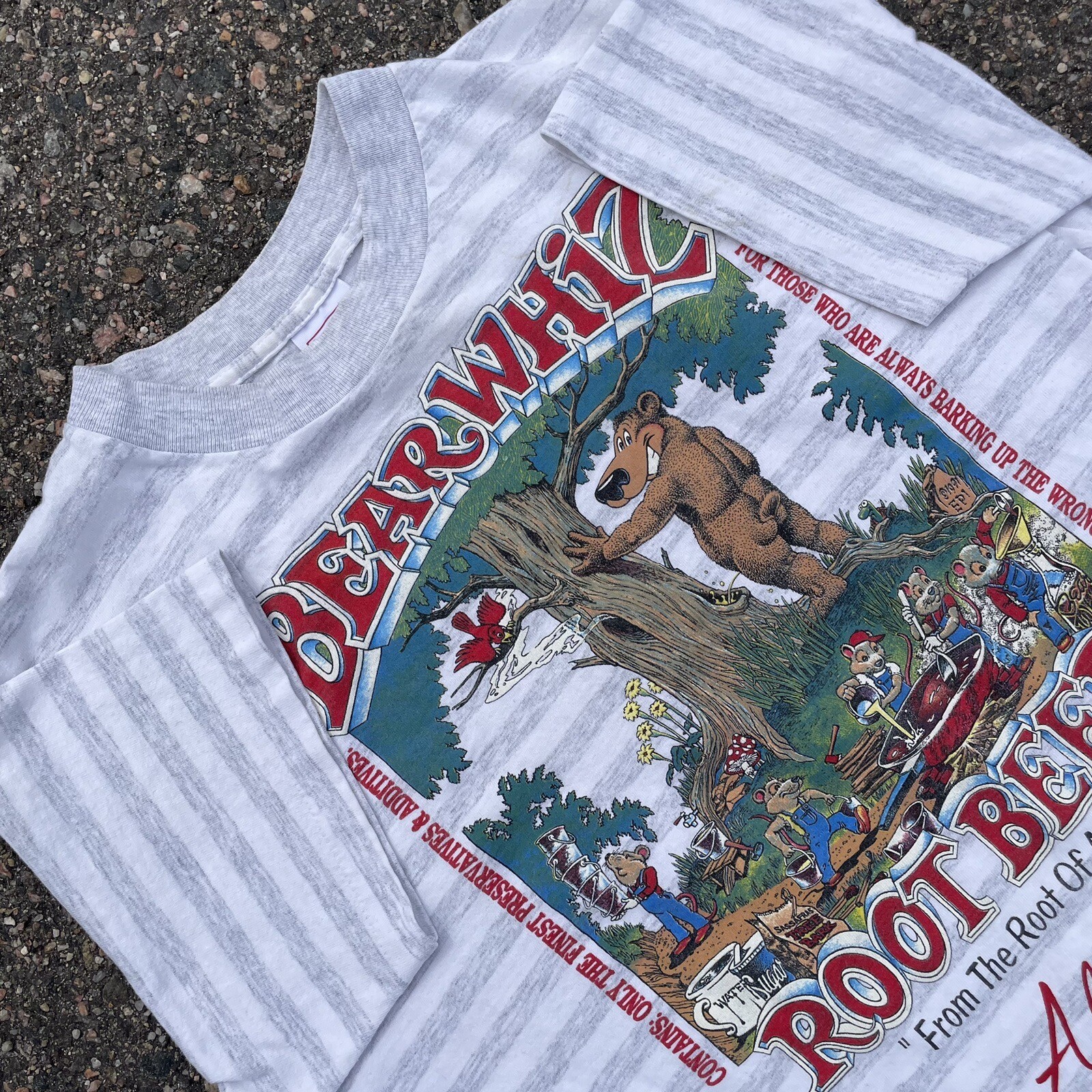 Bear Whiz Root Beer Vintage White striped T-shirt Sin… - Gem