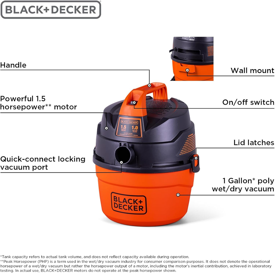 BLACK+DECKER Shop Vacuum Wet and Dry, Small Shop Vac with Accessories ...