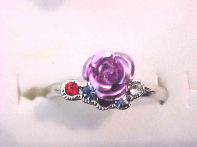 Pink Rose Ring Multi-Color Crystal Metal Rose Adjustable Ring Silver ...