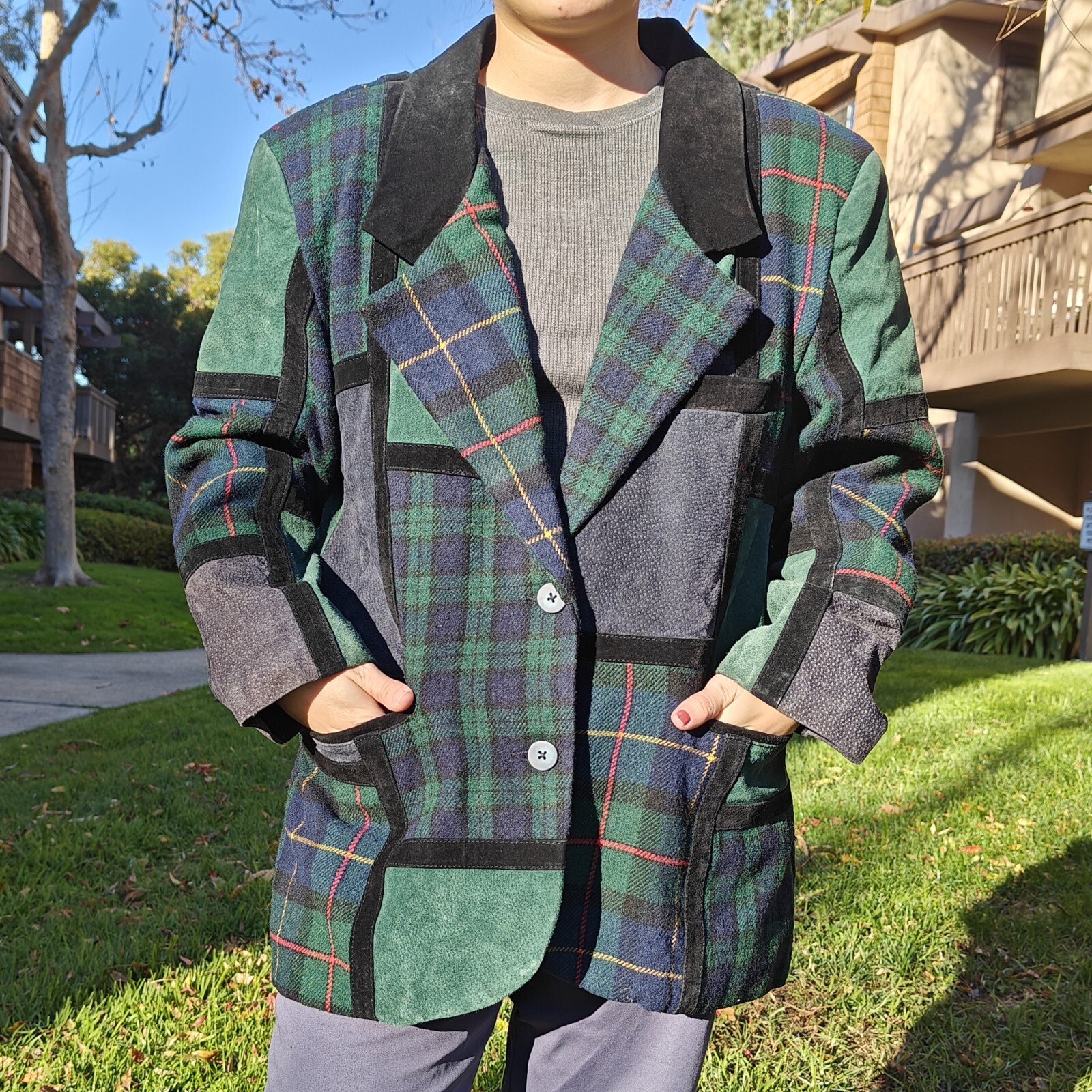 Brandon Thomas Womens 10P Green Blue Plaid Patchwork … - Gem