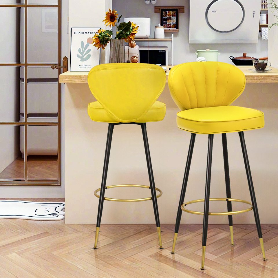 Set Of 2 Upholstered Backrest Bar Stools Yellow Faux Leather 30"H ...